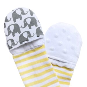 Handsocks Plushy Stay On Strap-Free No-Scratch & Warmth Mittens (Medium 6-12 Months. Bicep Size Should be Bicep 5.0"-8.0"), Olivia (Grey/Yellow Elephant) - One Pair