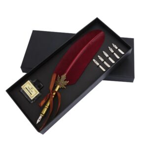 spyshop feather quill pen vintage feather dip ink pen set copper pen stem writing quill pen calligraphy pen as christmas birthday gift set (wine red)