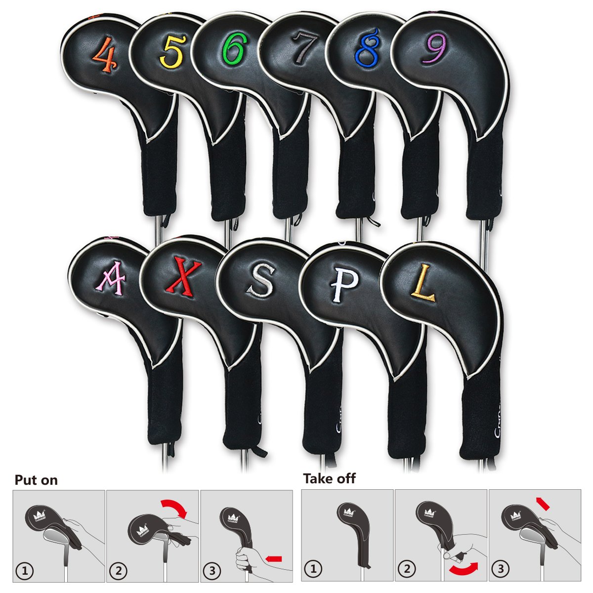 CRAFTSMAN GOLF Black Iron Head Covers Headcover Set with Colorful No. for Taylormade Cobra Mizuno Etc.Suitable for Right and Left Hander Golfer