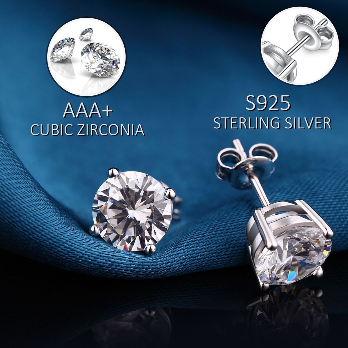 Silver CZ Studs Diamond Studs Sterling Silver Round Cut Cubic Zirconia Earrings Cubic Zirconium Earrings Cubic Zirconia Studs 8mm Diamond Earring Studs CZ Earring Studs for Women