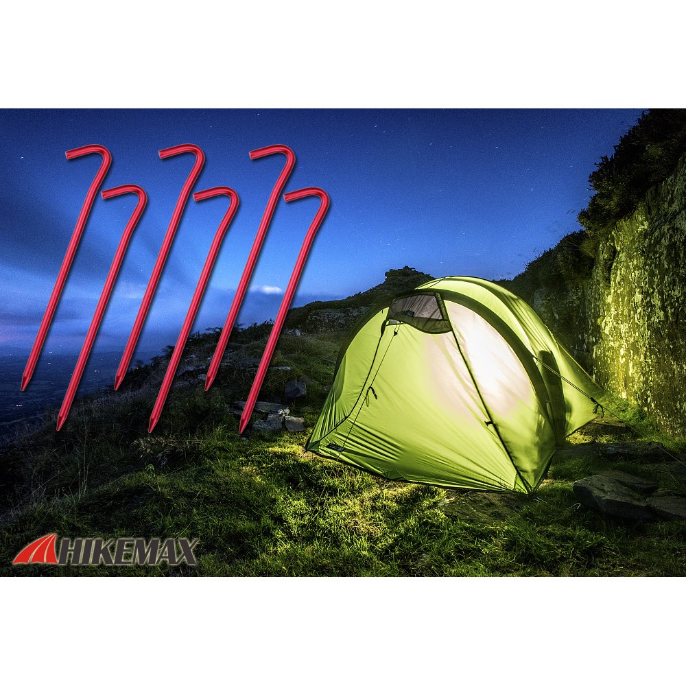 Hikemax 7075 Aluminum Tent Stakes 20 Pack - Ultralight 7 Inch Hook Tent Pegs with Carrying Pouch - Made for Camping Trip, Hiking and Gardening