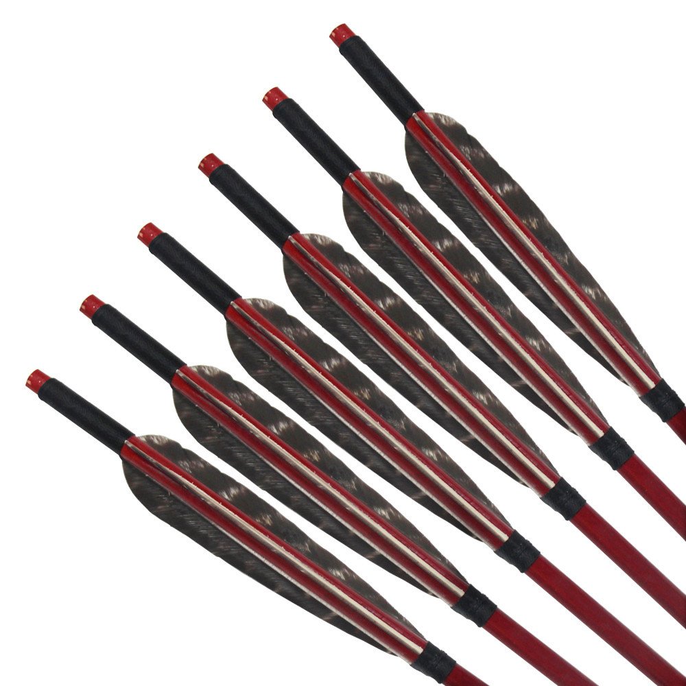 zzuus 34" Wooden Arrows 3 Eagle Feathers Fletching Traditional Target Arrows for Recurve Bow or Longbow Beginner Red Brown Polished Shaft Hunting Target Practice Arrow (6Pcs)