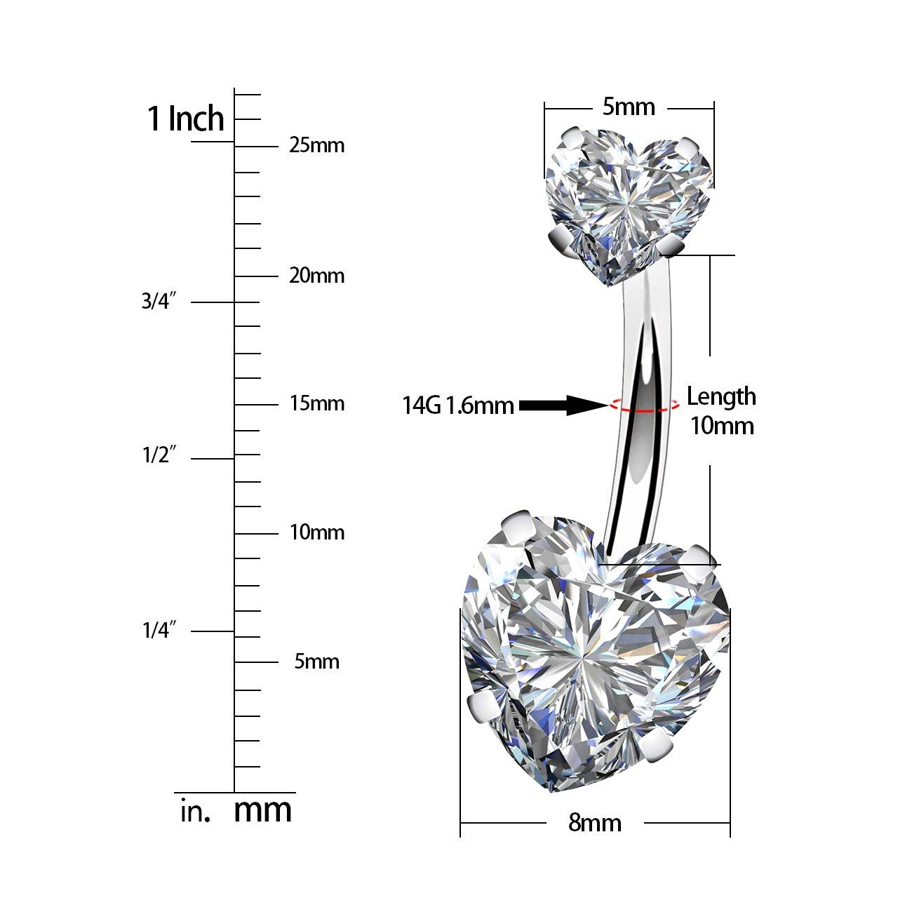 OUFER 14G Surgical Steel Faceted Heart Cubic Zirconia Navel Rings