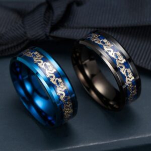 ERLUER Men's Rings Inlay Gold Dragon Stainless steel Ring Wedding Jewelry Biker Band For Men Women Black Blue