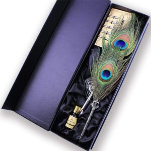 SpyShop Peacock Feather Pen Quill Ink Pen Set- Antique Feather Writing Dip Ink Pent Handmade Heart-Shaped Pen Holder Writing Dip Pen Calligraphy Gift Set