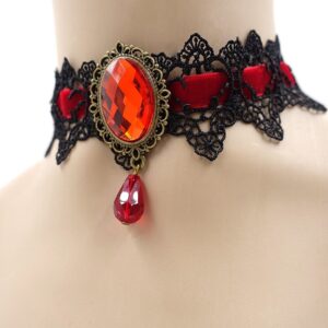 Youniker Retro Handmade Choker Necklace for Women Gothic Black Lace Necklace for Halloween Punk Costume Party Royal Court Vampire Choker Pendant Chain (Red)