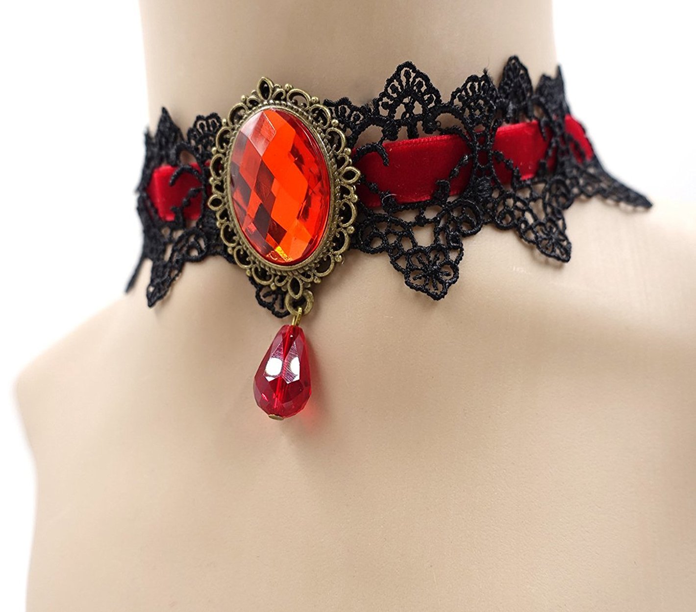 Youniker Retro Handmade Choker Necklace for Women Gothic Black Lace Necklace for Halloween Punk Costume Party Royal Court Vampire Choker Pendant Chain (Red)