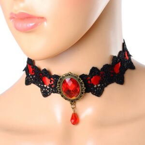 Youniker Retro Handmade Choker Necklace for Women Gothic Black Lace Necklace for Halloween Punk Costume Party Royal Court Vampire Choker Pendant Chain (Red)