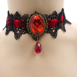 Youniker Retro Handmade Choker Necklace for Women Gothic Black Lace Necklace for Halloween Punk Costume Party Royal Court Vampire Choker Pendant Chain (Red)