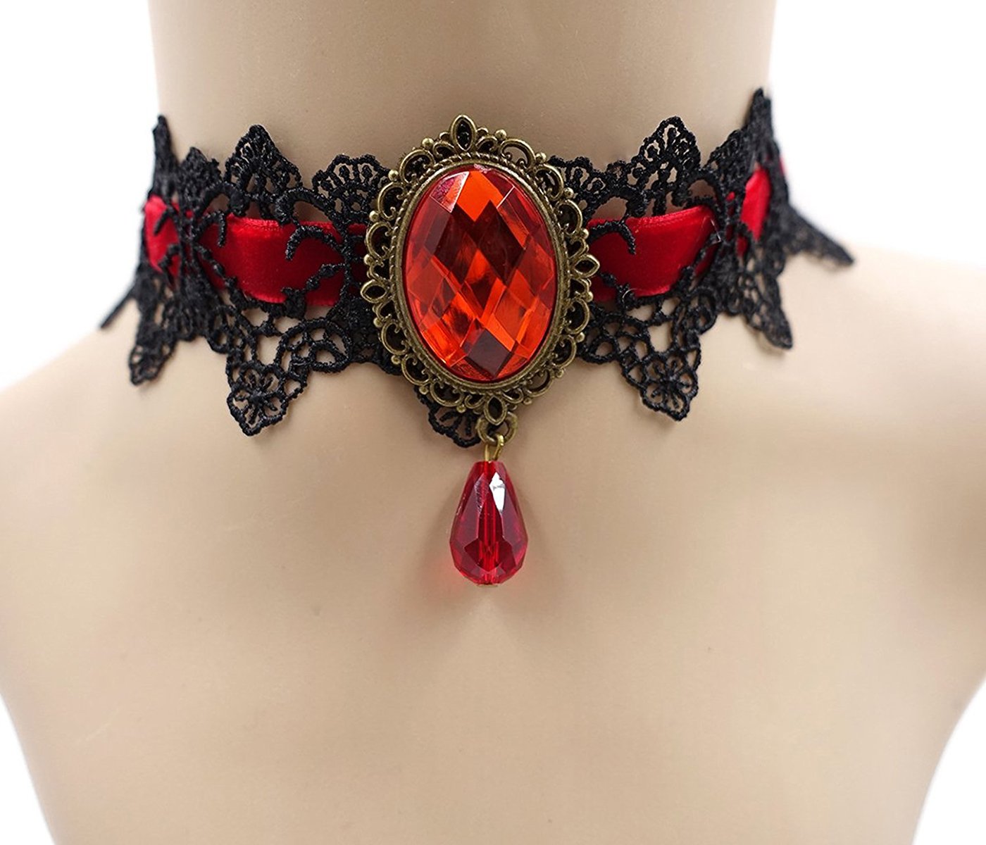 Youniker Retro Handmade Choker Necklace for Women Gothic Black Lace Necklace for Halloween Punk Costume Party Royal Court Vampire Choker Pendant Chain (Red)