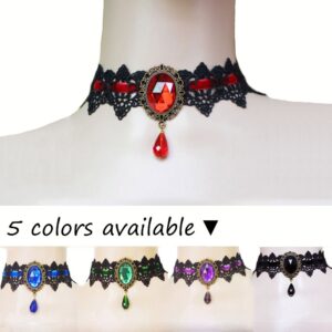 Youniker Retro Handmade Choker Necklace for Women Gothic Black Lace Necklace for Halloween Punk Costume Party Royal Court Vampire Choker Pendant Chain (Red)