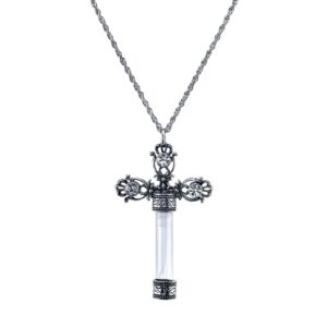 1928 jewelry antiqued pewter crystal cross vial pendant necklace for women 30 inches