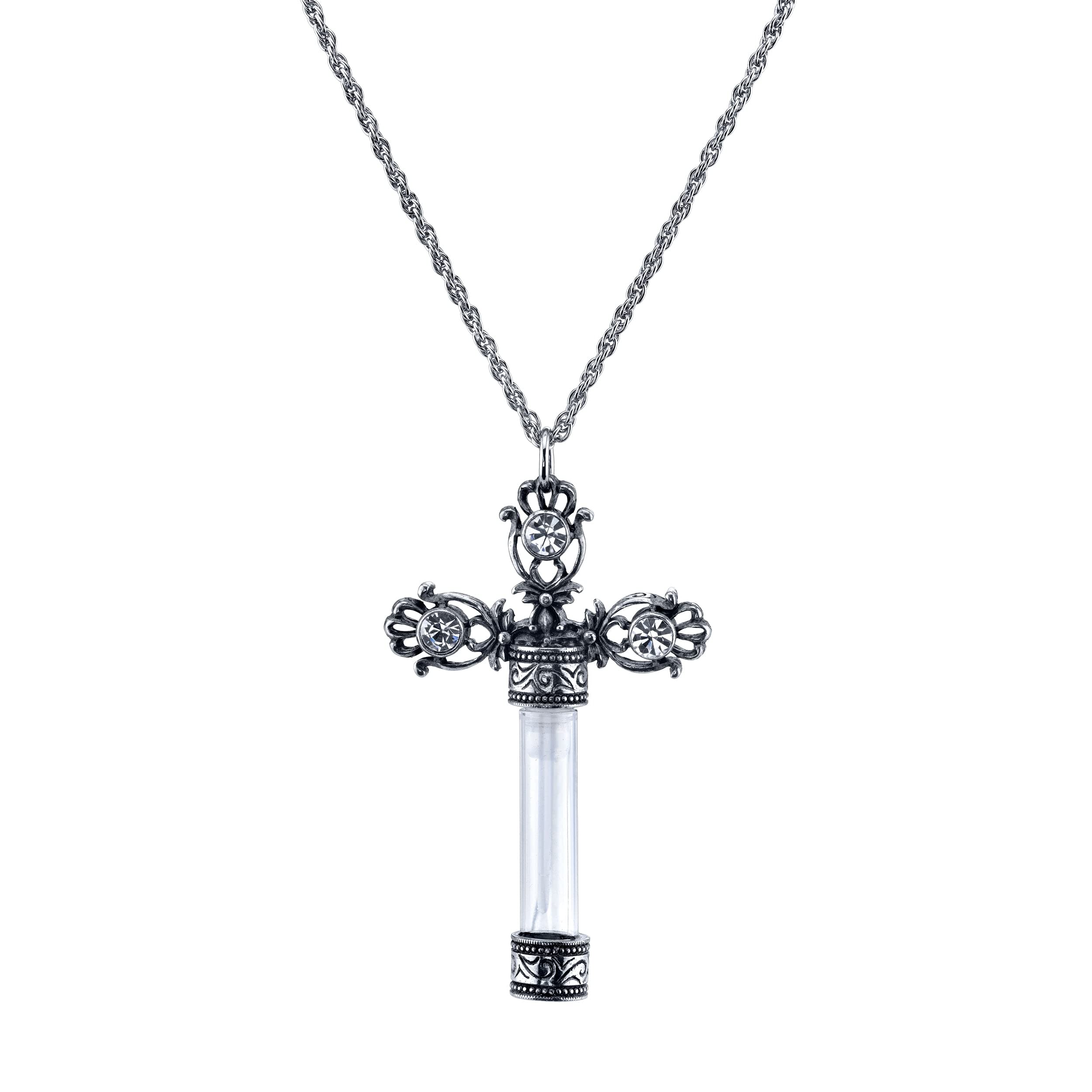 1928 Jewelry Antiqued Pewter Crystal Cross Vial Pendant Necklace For Women 30 Inches