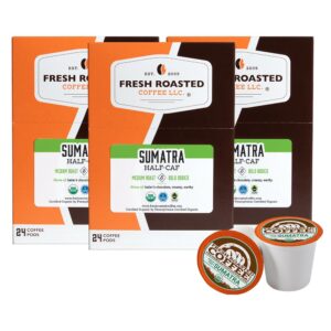 fresh roasted coffee, organic sumatra water half-caf | single origin | medium roast | rfa kosher | k-cup compatible | 72 pods