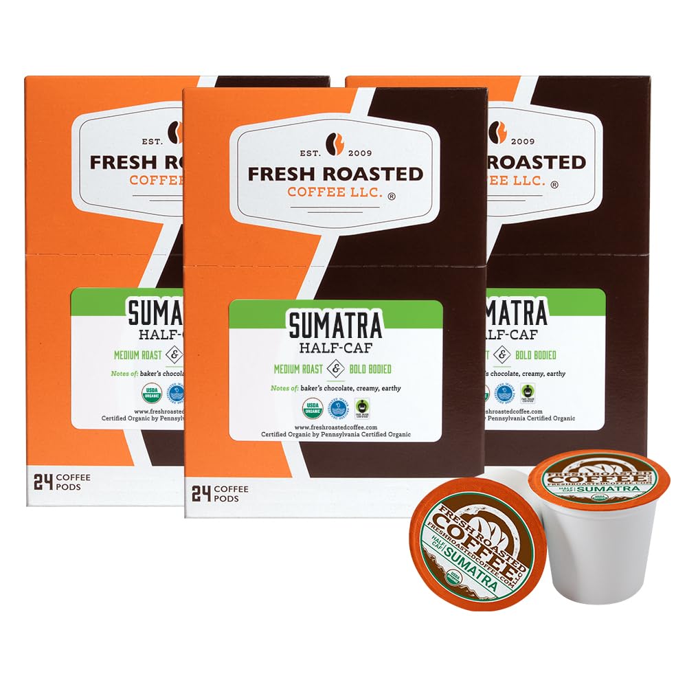 Fresh Roasted Coffee, Organic Sumatra Water Half-Caf | Single Origin | Medium Roast | RFA Kosher | K-Cup Compatible | 72 Pods