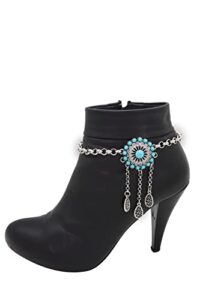 women western fashion jewelry boot bracelet silver metal chain shoe anklet turquoise blue beads flower