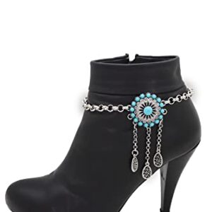 Women Western Fashion Jewelry Boot Bracelet Silver Metal Chain Shoe Anklet Turquoise Blue Beads Flower