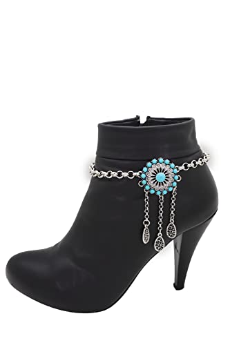 Women Western Fashion Jewelry Boot Bracelet Silver Metal Chain Shoe Anklet Turquoise Blue Beads Flower