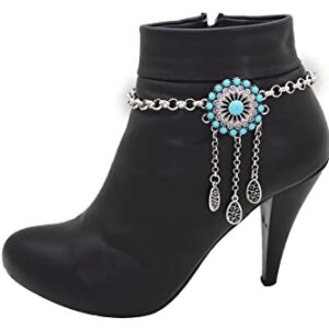 Women Western Fashion Jewelry Boot Bracelet Silver Metal Chain Shoe Anklet Turquoise Blue Beads Flower