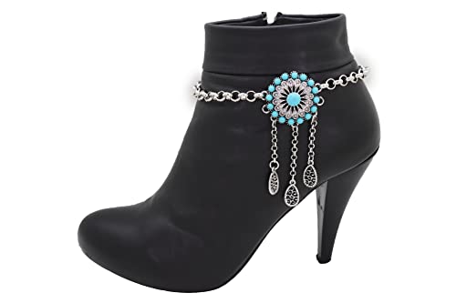 Women Western Fashion Jewelry Boot Bracelet Silver Metal Chain Shoe Anklet Turquoise Blue Beads Flower