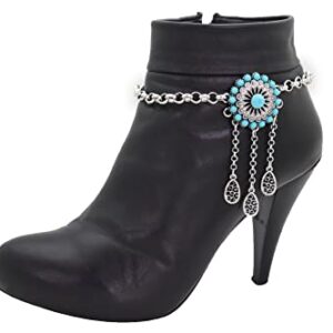 Women Western Fashion Jewelry Boot Bracelet Silver Metal Chain Shoe Anklet Turquoise Blue Beads Flower