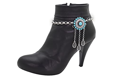 Women Western Fashion Jewelry Boot Bracelet Silver Metal Chain Shoe Anklet Turquoise Blue Beads Flower