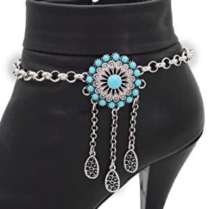 Women Western Fashion Jewelry Boot Bracelet Silver Metal Chain Shoe Anklet Turquoise Blue Beads Flower