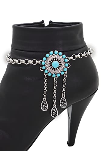 Women Western Fashion Jewelry Boot Bracelet Silver Metal Chain Shoe Anklet Turquoise Blue Beads Flower