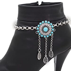 Women Western Fashion Jewelry Boot Bracelet Silver Metal Chain Shoe Anklet Turquoise Blue Beads Flower