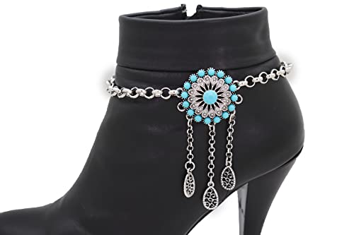 Women Western Fashion Jewelry Boot Bracelet Silver Metal Chain Shoe Anklet Turquoise Blue Beads Flower