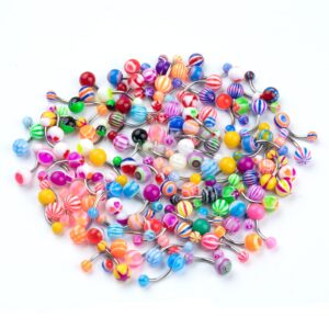 CABBE 100pcs Tongue Rings Surgical Stainless Steel Assorted Candy Pattern Bulk 14G Stright Barbells for Men Women Body Piercing Jewelry