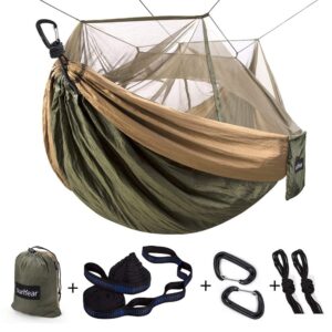 sunyear camping hammock, portable double hammock with net, 2 person hammock tent with 2 * 10ft straps, best for outdoor hiking survival travel