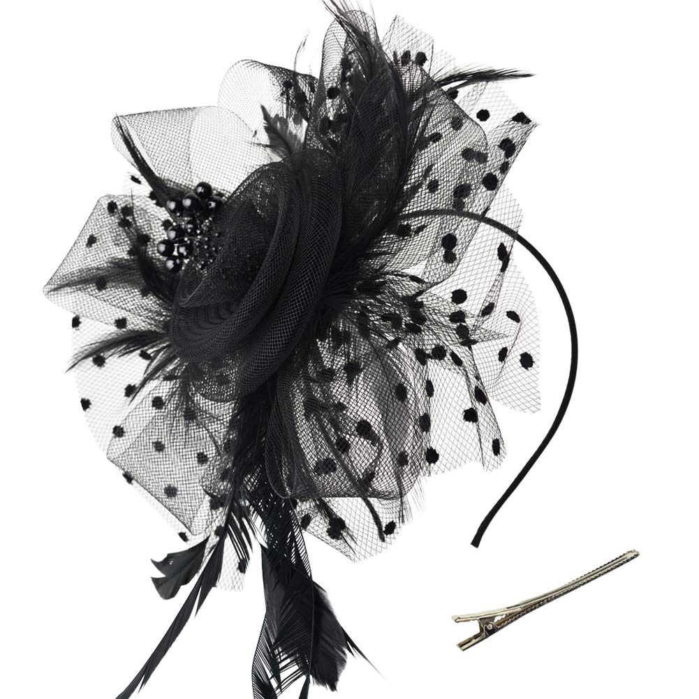 DRESHOW Fascinators Hat Flower Mesh Ribbons Feathers on a Headband and a Clip Tea Party Headwear for Girls and Women