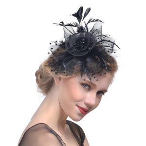 DRESHOW Fascinators Hat Flower Mesh Ribbons Feathers on a Headband and a Clip Tea Party Headwear for Girls and Women