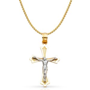 14k two tone gold jesus crucifix cross pendant with 1.2mm flat open wheat chain chain necklace - 16"