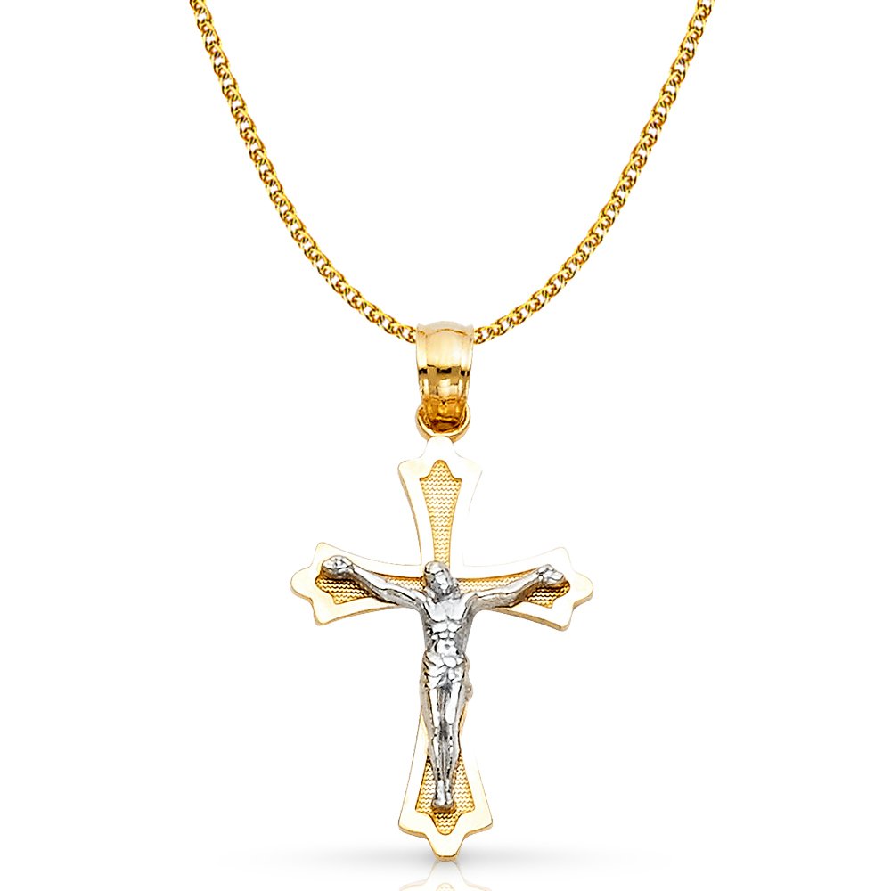 14K Two Tone Gold Jesus Crucifix Cross Pendant with 1.2mm Flat Open Wheat Chain Chain Necklace - 16"