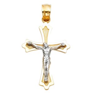 14K Two Tone Gold Jesus Crucifix Cross Pendant with 1.2mm Flat Open Wheat Chain Chain Necklace - 16"