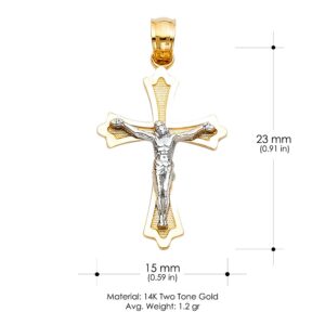 14K Two Tone Gold Jesus Crucifix Cross Pendant with 1.2mm Flat Open Wheat Chain Chain Necklace - 16"