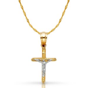 ioka 14k two tone gold jesus crucifix cross pendant with 1.2mm singapore chain chain necklace - 22"