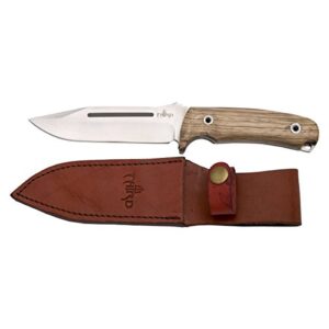 third hunting fixed blade knife h0182j with 13.2 cm steel blade, wooden handle (zebrano), with leather sheath.