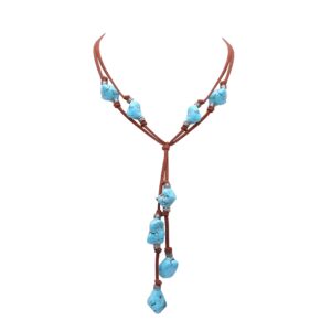 canevinka natural turquoise necklace with genuine brown leather cord costume jewelry for women