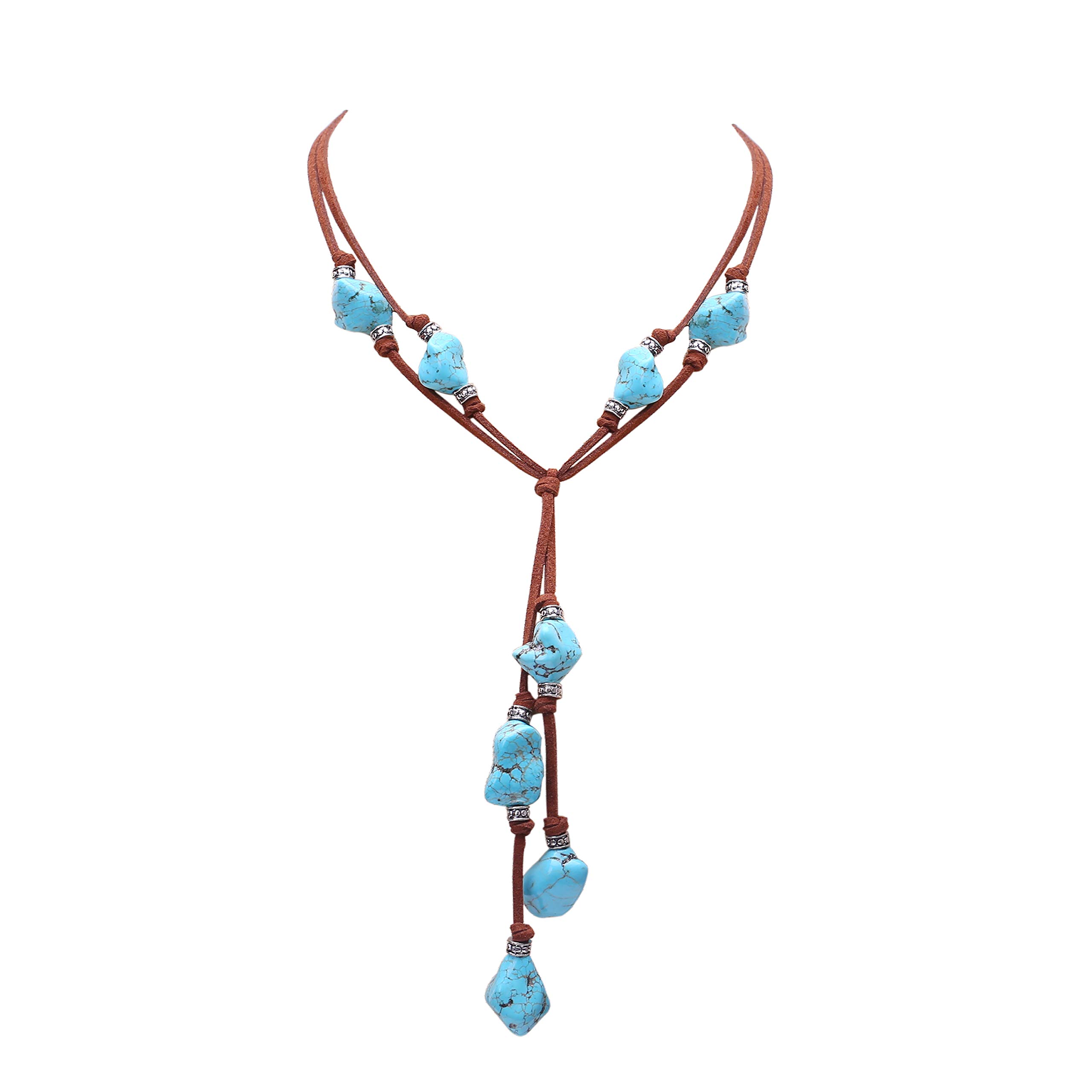 CANEVINKA Natural Turquoise Necklace with Genuine Brown Leather Cord Costume Jewelry for women