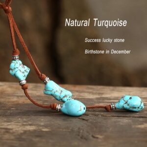 CANEVINKA Natural Turquoise Necklace with Genuine Brown Leather Cord Costume Jewelry for women