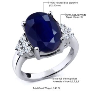 Gem Stone King 925 Sterling Silver Blue Sapphire and White Topaz Engagement Ring For Women (5.40 Cttw, Oval 12X10MM, Gemstone Birthstone, Available In Size 5, 6, 7, 8, 9)