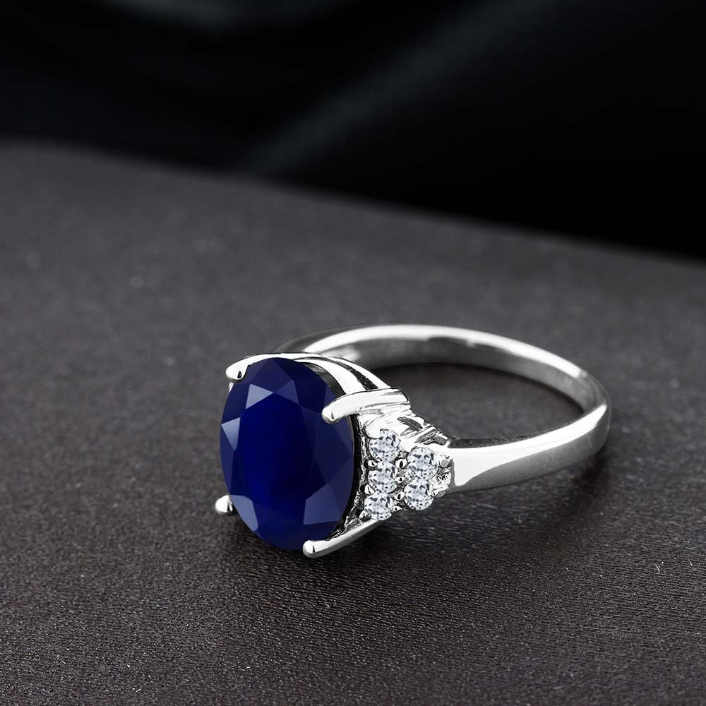 Gem Stone King 925 Sterling Silver Blue Sapphire and White Topaz Engagement Ring For Women (5.40 Cttw, Oval 12X10MM, Gemstone Birthstone, Available In Size 5, 6, 7, 8, 9)