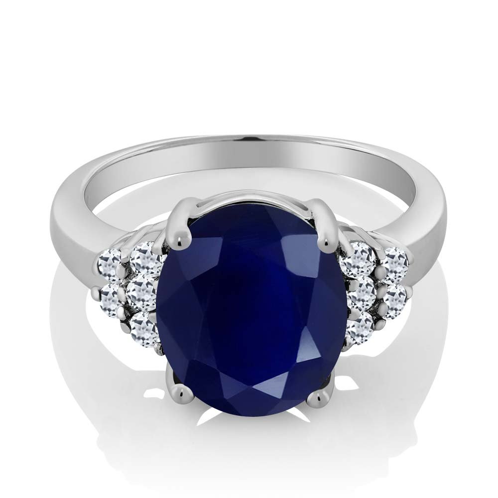 Gem Stone King 925 Sterling Silver Blue Sapphire and White Topaz Engagement Ring For Women (5.40 Cttw, Oval 12X10MM, Gemstone Birthstone, Available In Size 5, 6, 7, 8, 9)