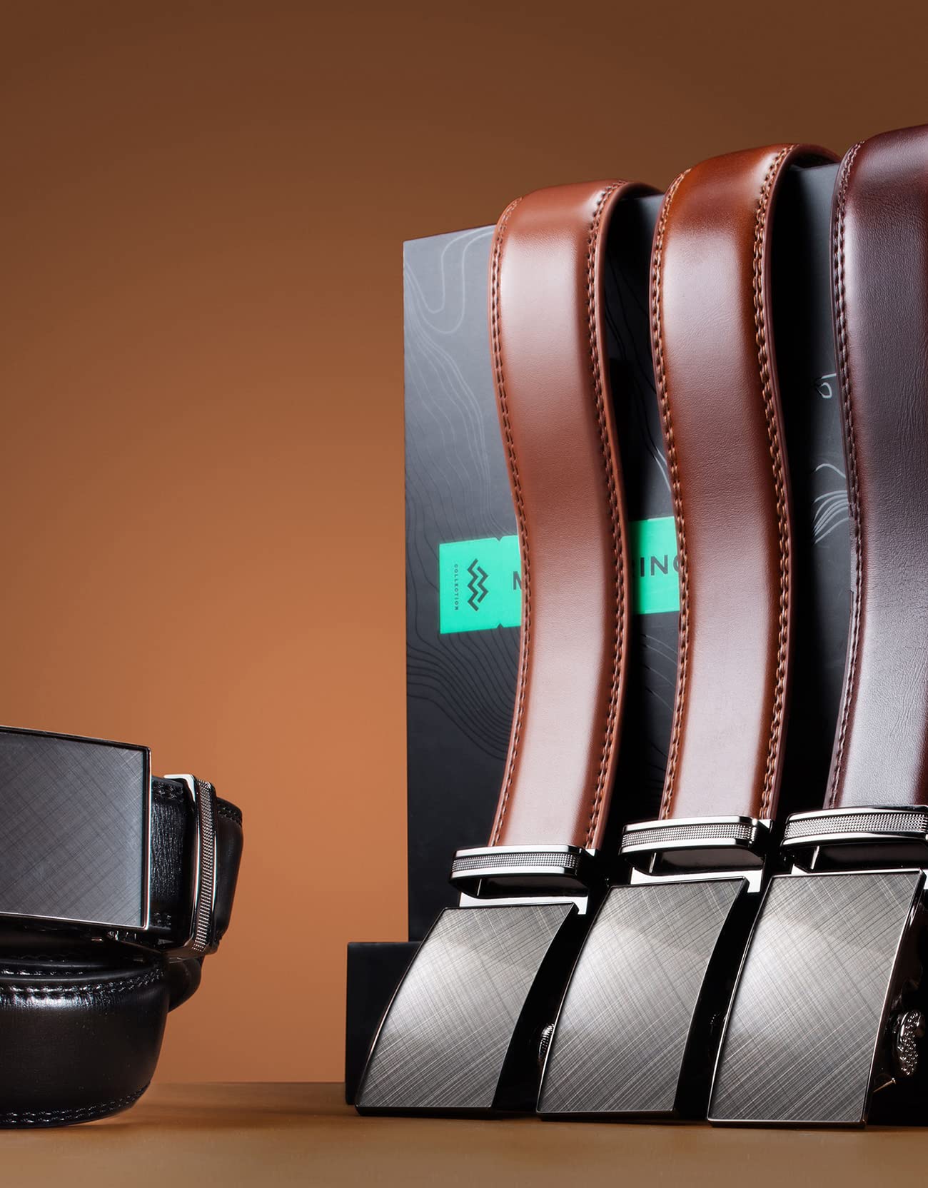 Marino Avenue Ratchet Belts for Men - Adjustable Mens Belts Leather with Automatic Buckle - Enclosed in an Elegant Gift Box - Radiant Ore - Burnt Umber - Adjustable from 28" to 44" Waist