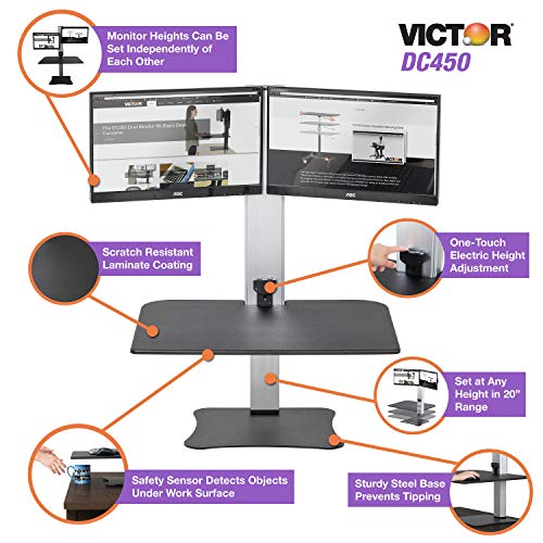 Victor DC450 Dual Monitor Electric Standing Desk, Black, 28 inch Wide Work Surface, Compatible with Any Standard Desk, Monitor Mount Included