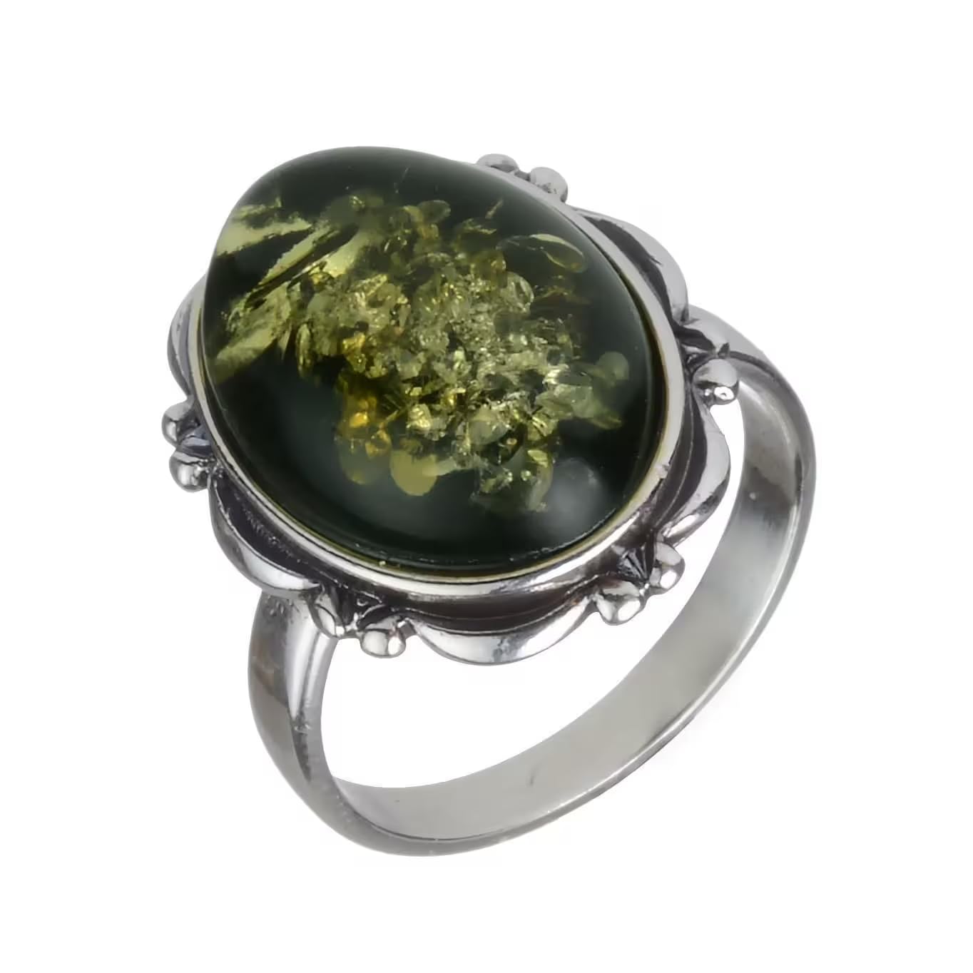 HolidayGiftShops Sterling Silver and Baltic Green Oval Amber Adult Ring- Size 9.5