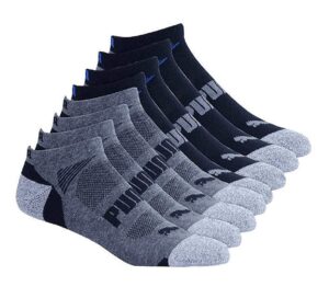 puma mens no show sport socks, moisture control, arch support (8 pair) (regular shoe size: 6-12, black)